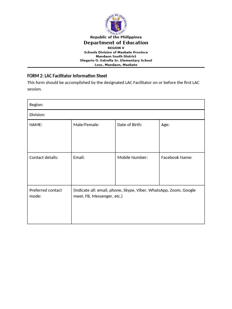Form 2. LAC Facilitator Information Sheet | PDF