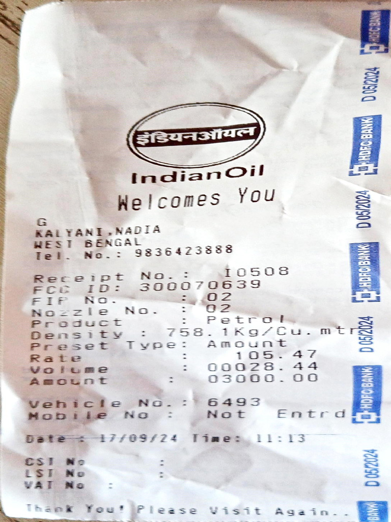 IndianOil Petrol Receipt Details | PDF