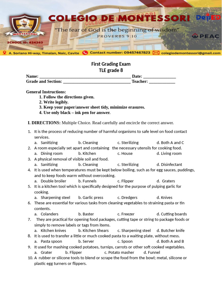 First Grading Exam TLE 8 | PDF