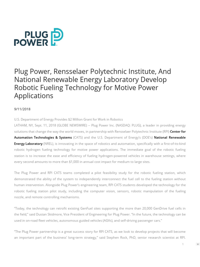 Plug Power Rensselaer Polytechnic Institute and National Renewable Energy Laboratory Develop ...