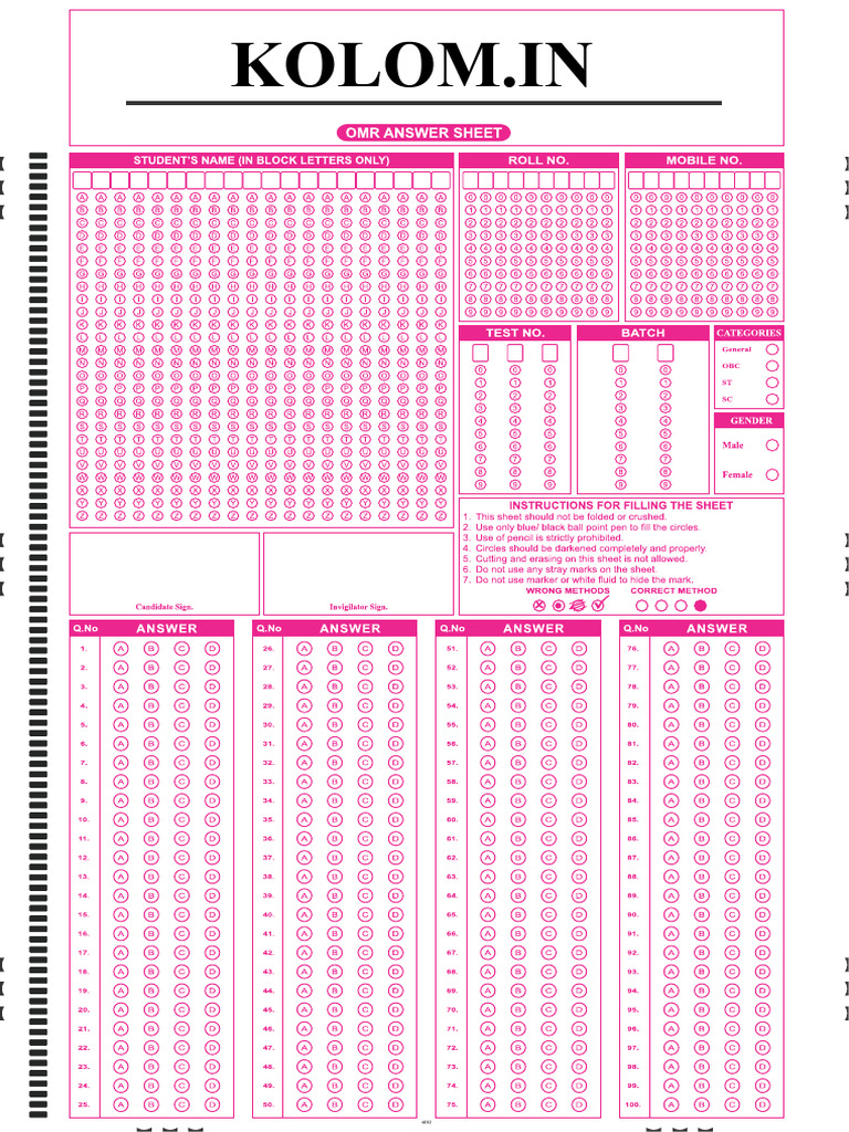 100 Marks OMR Sheet Kolom | PDF