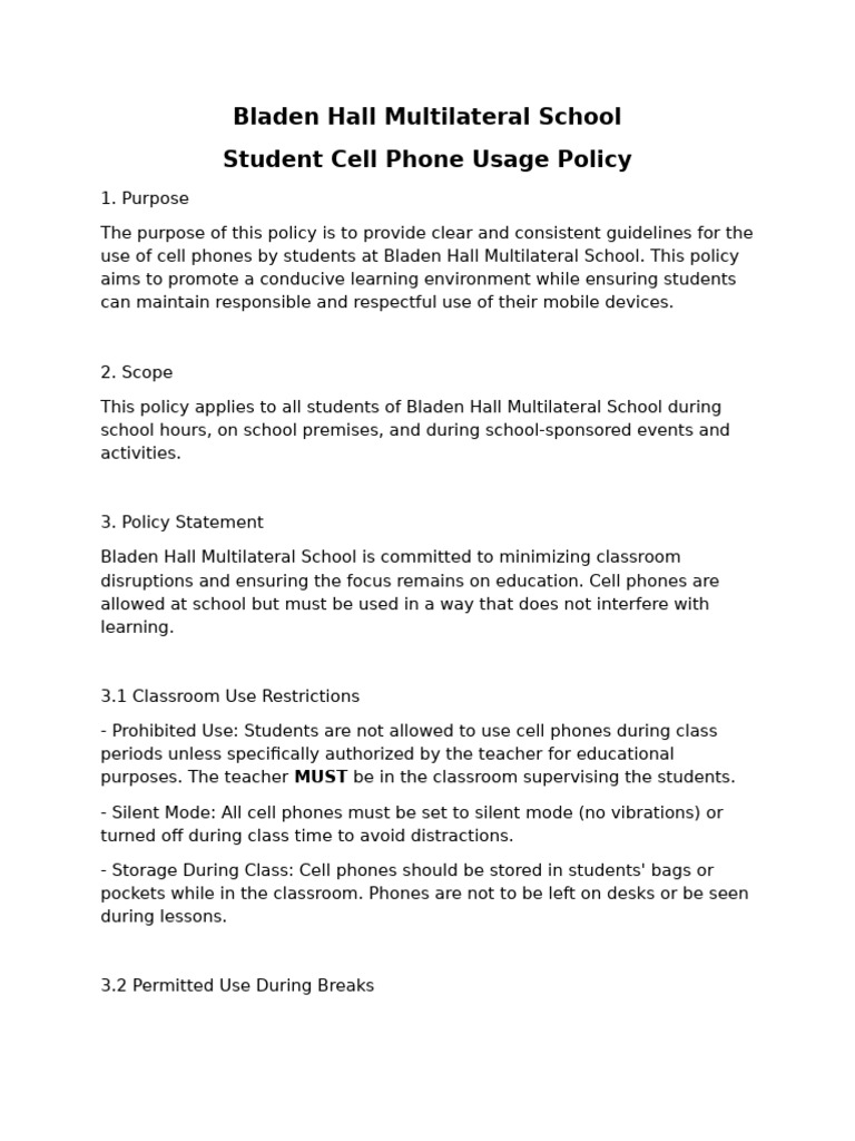 Bladen Hall Multilateral School Cell Phone Policy | PDF