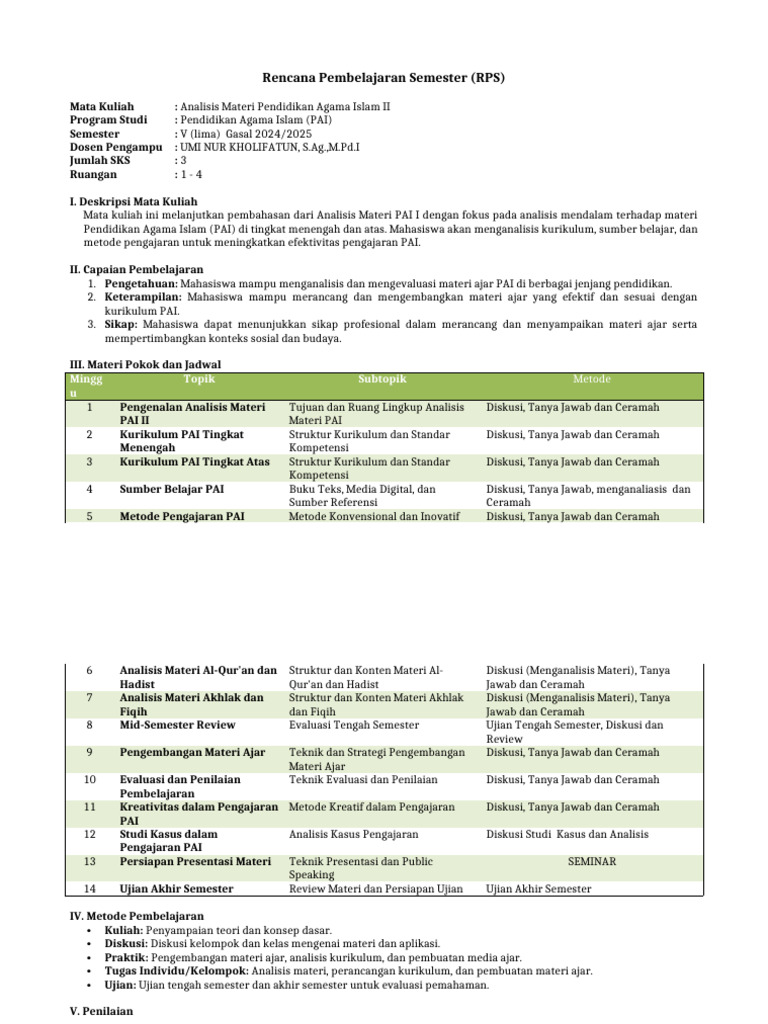 RPS Analisis Materi Pai Ii | PDF