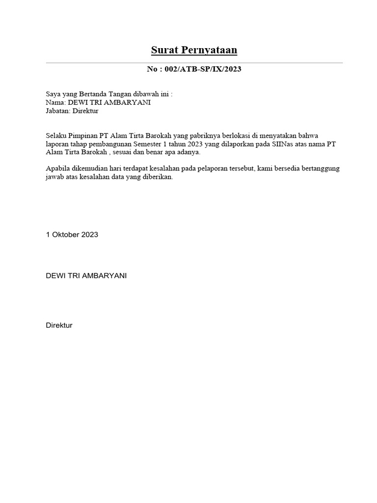 Surat Pernyataan SIINAS | PDF
