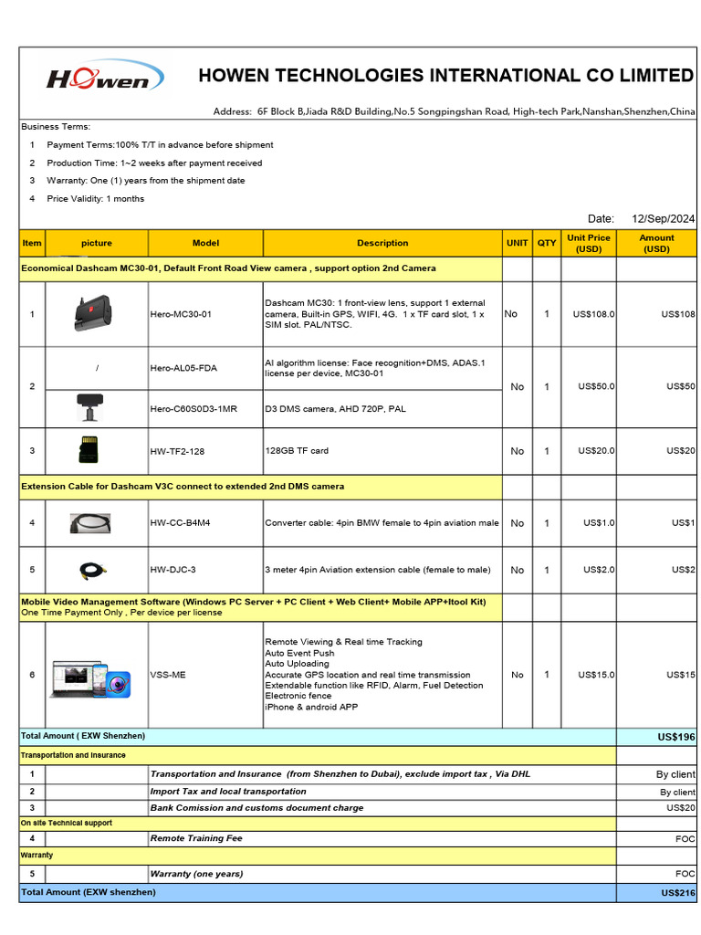 Howen AI Dashcam MC30-01 DMS+ADAS Quotation 1pc, V1 | PDF