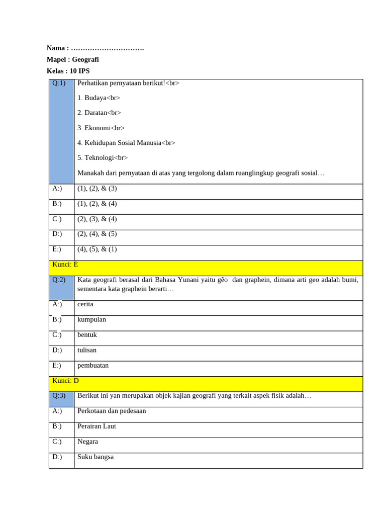 Soal PAS Ganjil Geo Kelas X TP 2022-2023 | PDF