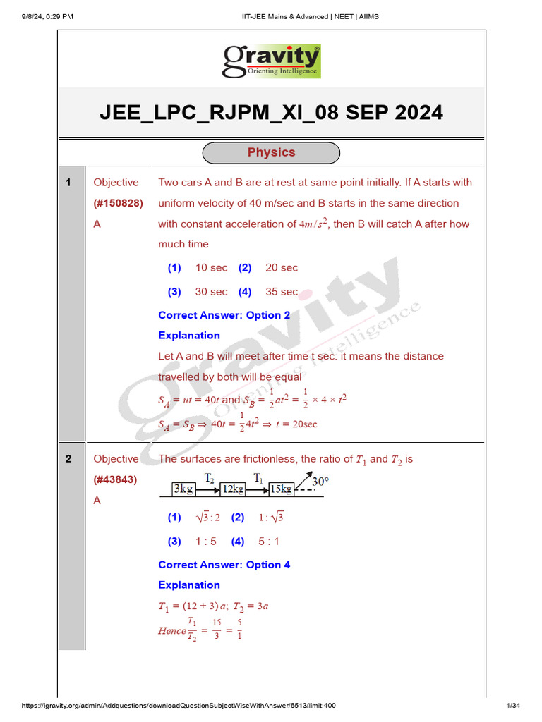 Jee - LPC - RJPM - Xi - 08 Sep 2024 - Solution | PDF | Force | Mass