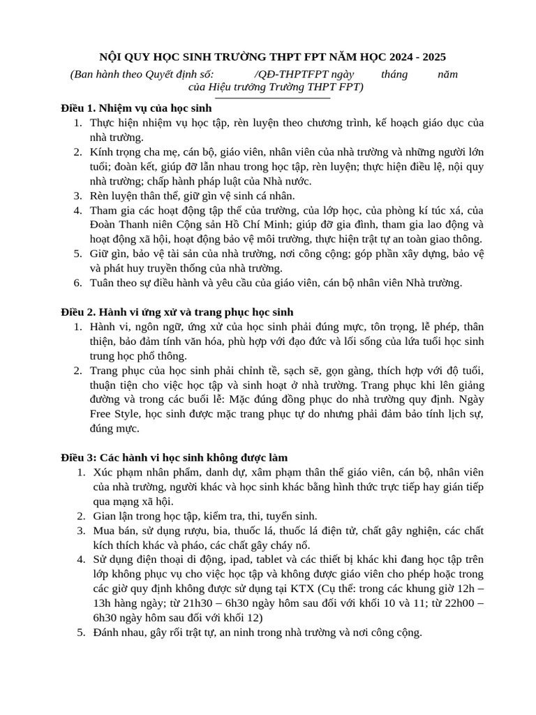 (Ban hành theo Quyết định số: /QĐ-THPTFPT ngày tháng năm của Hiệu trưởng Trường THPT FPT) | PDF