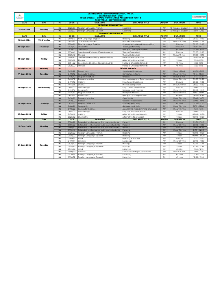 Grade10 - Term III Timetable | PDF
