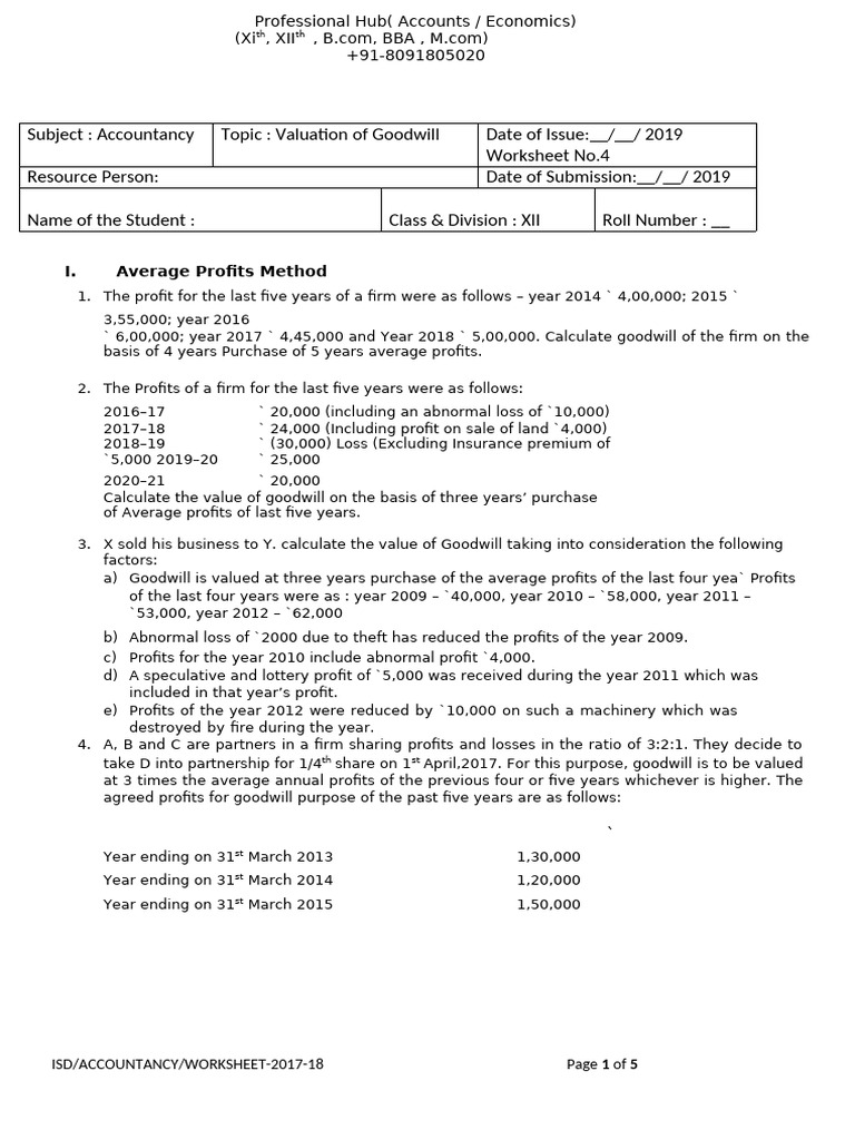 Worksheet-6 - Valuation of Goodwill | PDF