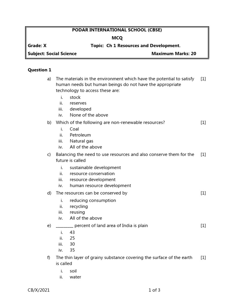 1715004342260.QP CBSE X SS Ch 1 Resources and Development MCQ | PDF