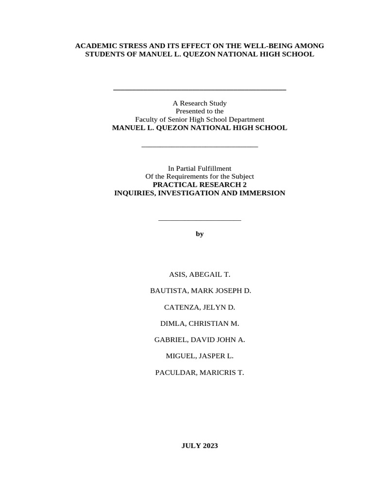 Academic Stress and Its Effect On The Well Being Among Studentnts Final ...