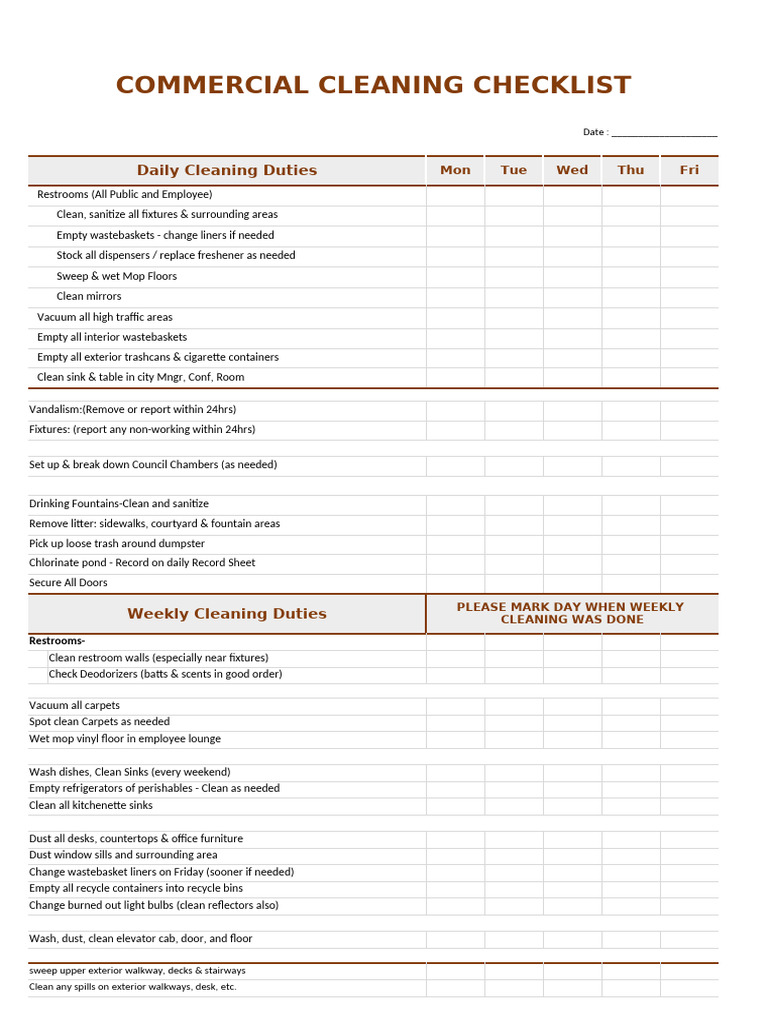 Commercial Cleaning Checklist - Format | PDF