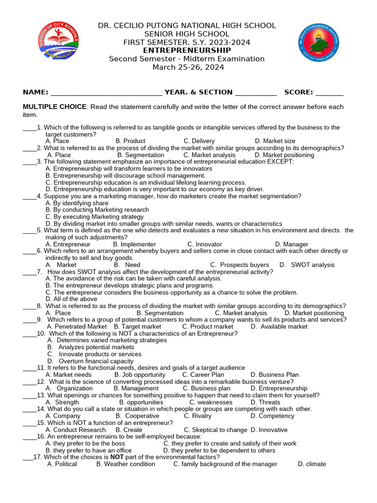 ENTREP First Periodical Test DCPNHS | PDF