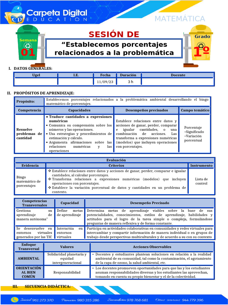 1°_SESIÓN DE APRENDIZAJE_1_SEM_1_EXP_6_MATE | PDF
