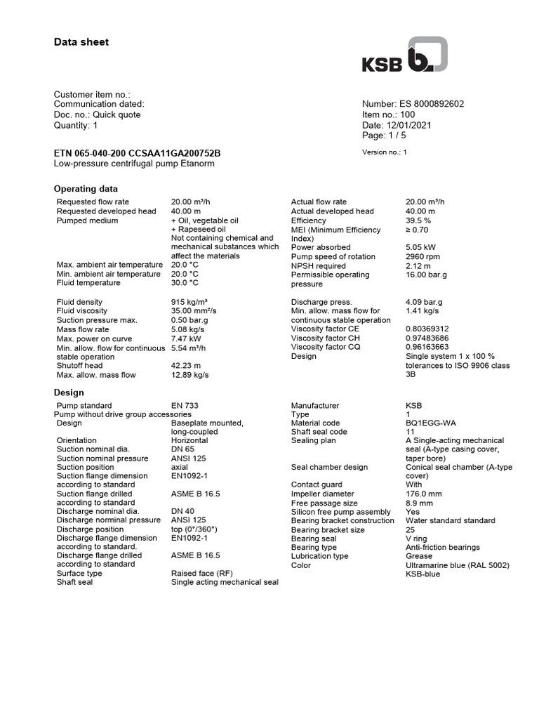 Datasheet KSB Etanorm CM 40-200 | PDF