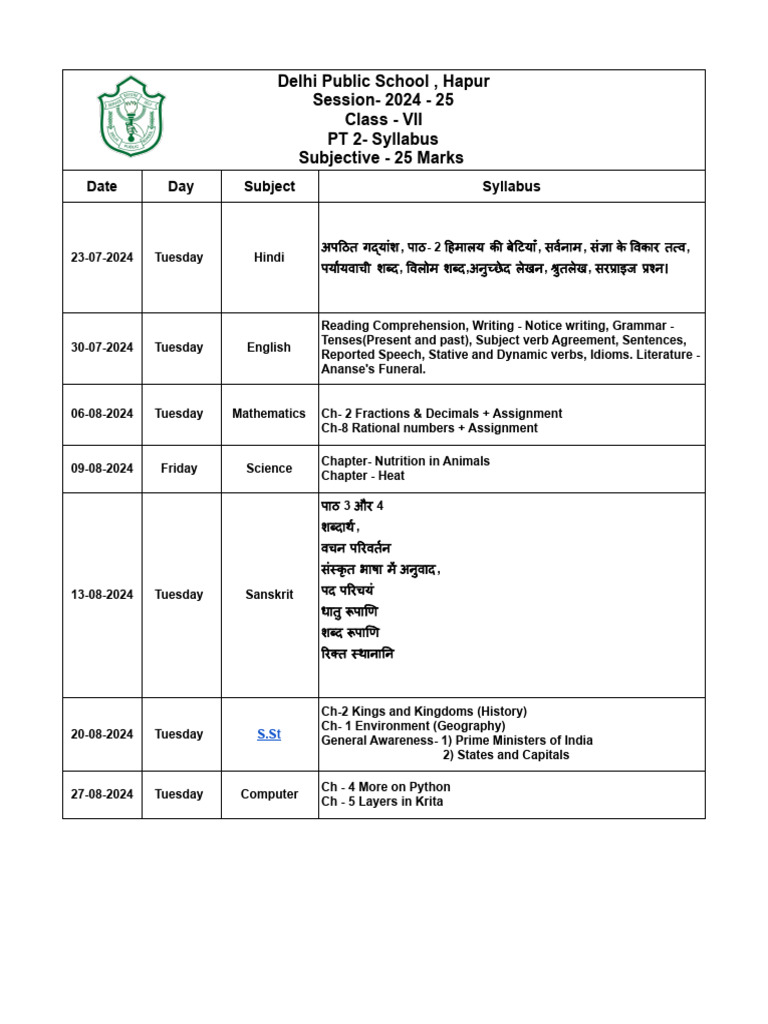 PT-2 Syllabus - 2024 - 25 - PT2-Class VII | PDF