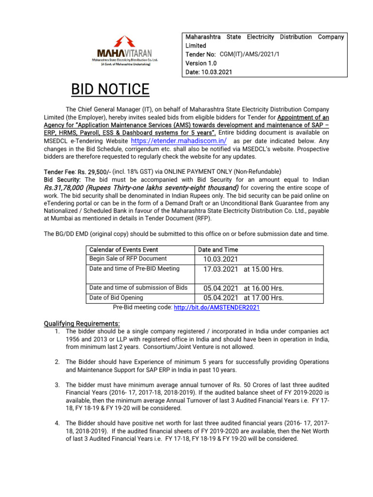 Bid Notice AMS Tender | PDF