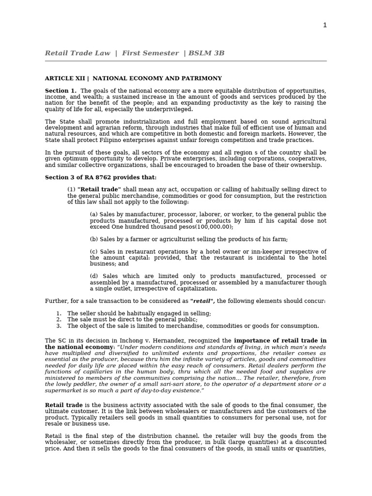 Retail Trade Law - First Semester - BSLM 3B: Article Xii - National ...