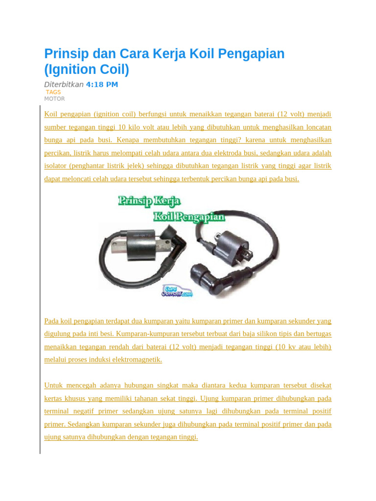 Prinsip Dan Cara Kerja Koil Pengapian | PDF