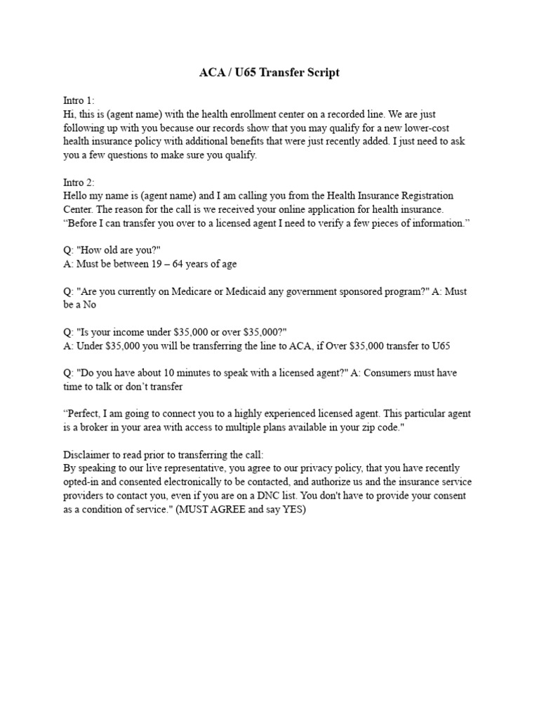 ACA - U65 Transfer Script | PDF