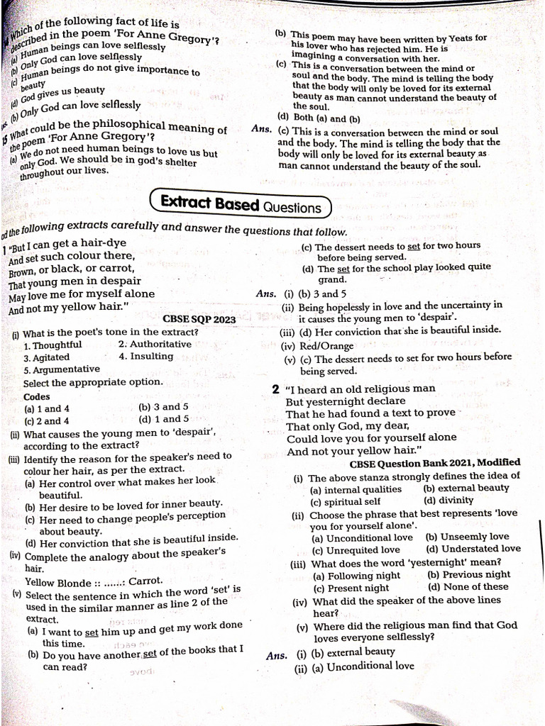 English PYQ+Ans - For Anne Gregory | PDF