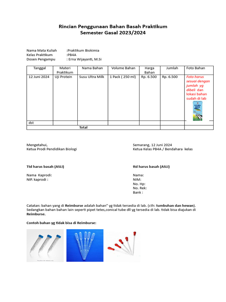 Contoh Format Reimburse BAHAN BASAH PRAKTIKUM | PDF