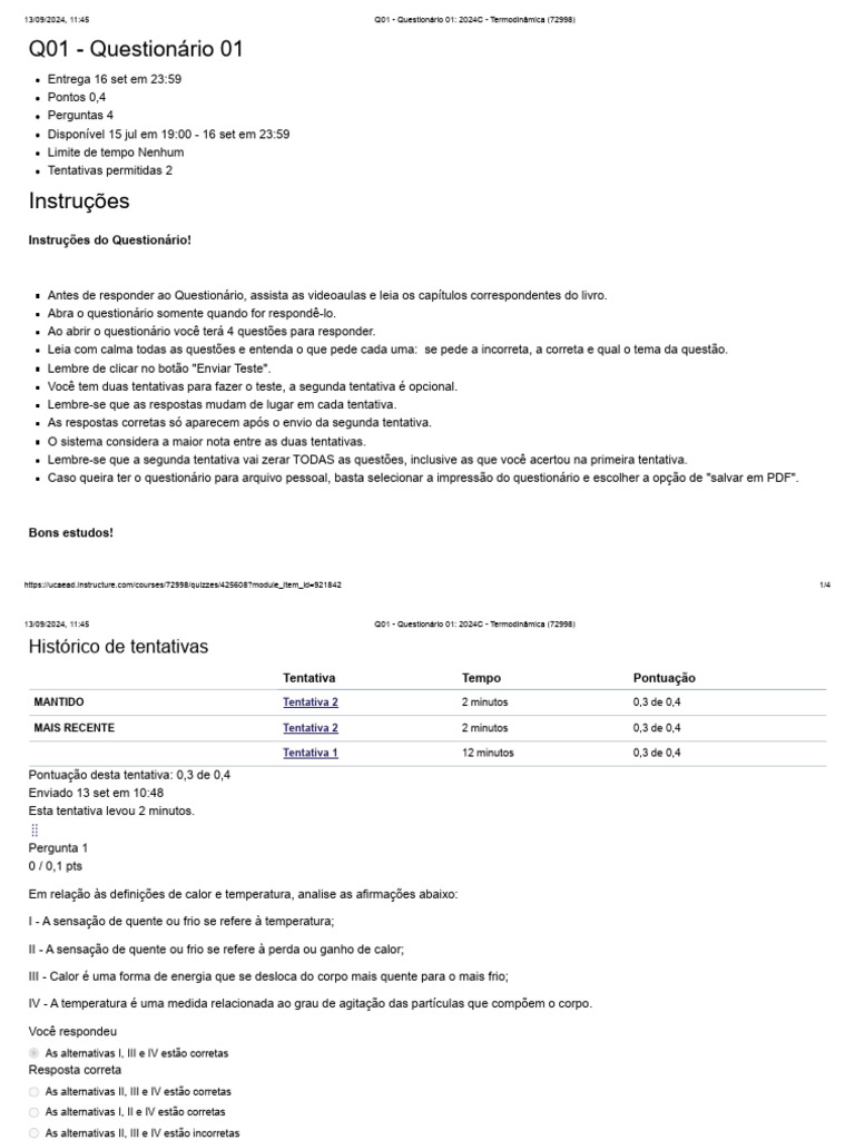 Q01 - Questionário 01_ 2024C - Termodinâmica (72998) | PDF