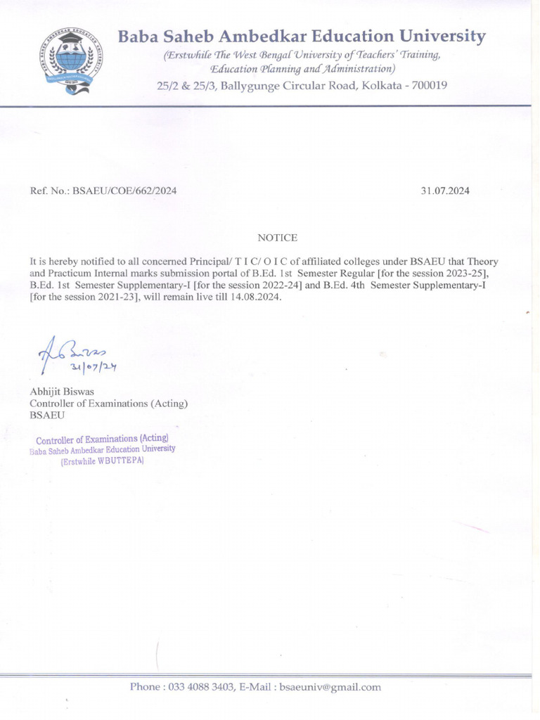 B Ed Internal Marks Submission Closing Date Notice - Regular | PDF