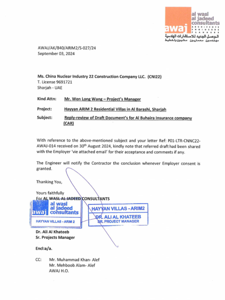 AWAJ-AK-840-ARIM2-S-027-24-Reply-review of Draft Document¡ S For Al ...