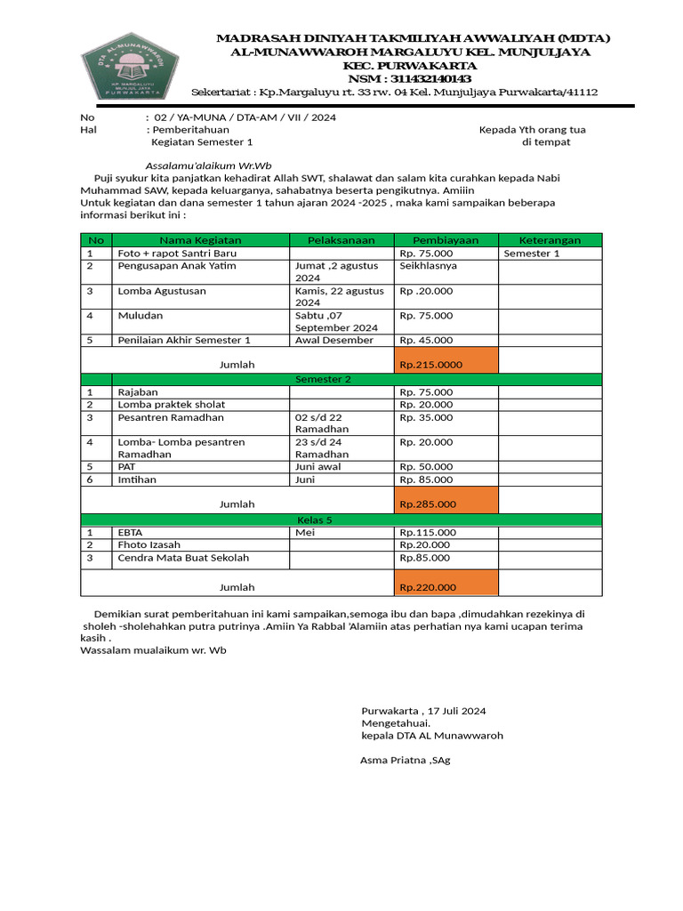 Surat Dta Semester 1 | PDF