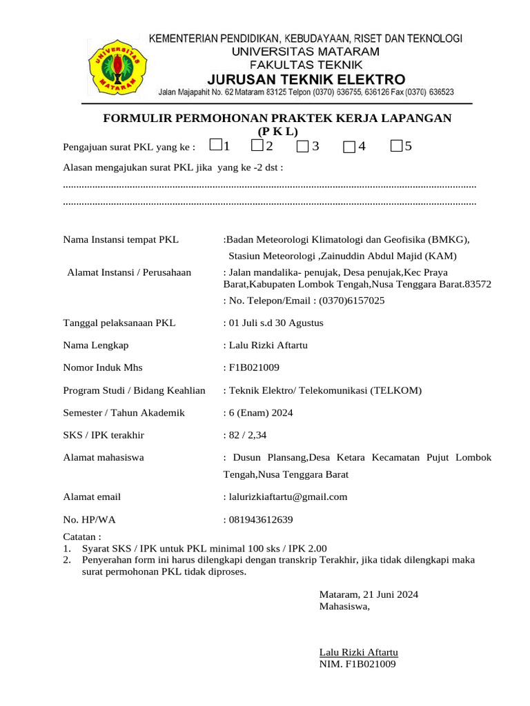 Form_pengajuan_surat_PKL_rizki | PDF