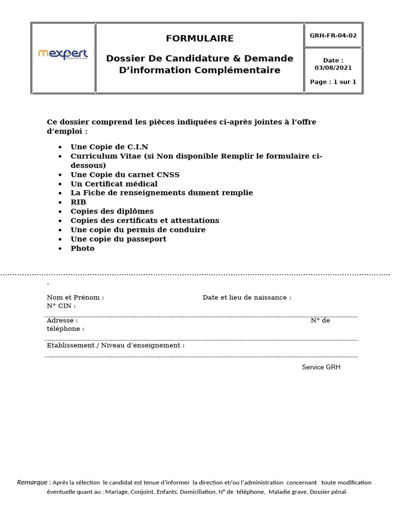 GRH FR 04 02 Dossier de Condidature | PDF