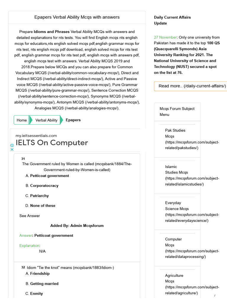Idioms Mcqsforum - Page 4 of 11 Epapers With Answers | PDF
