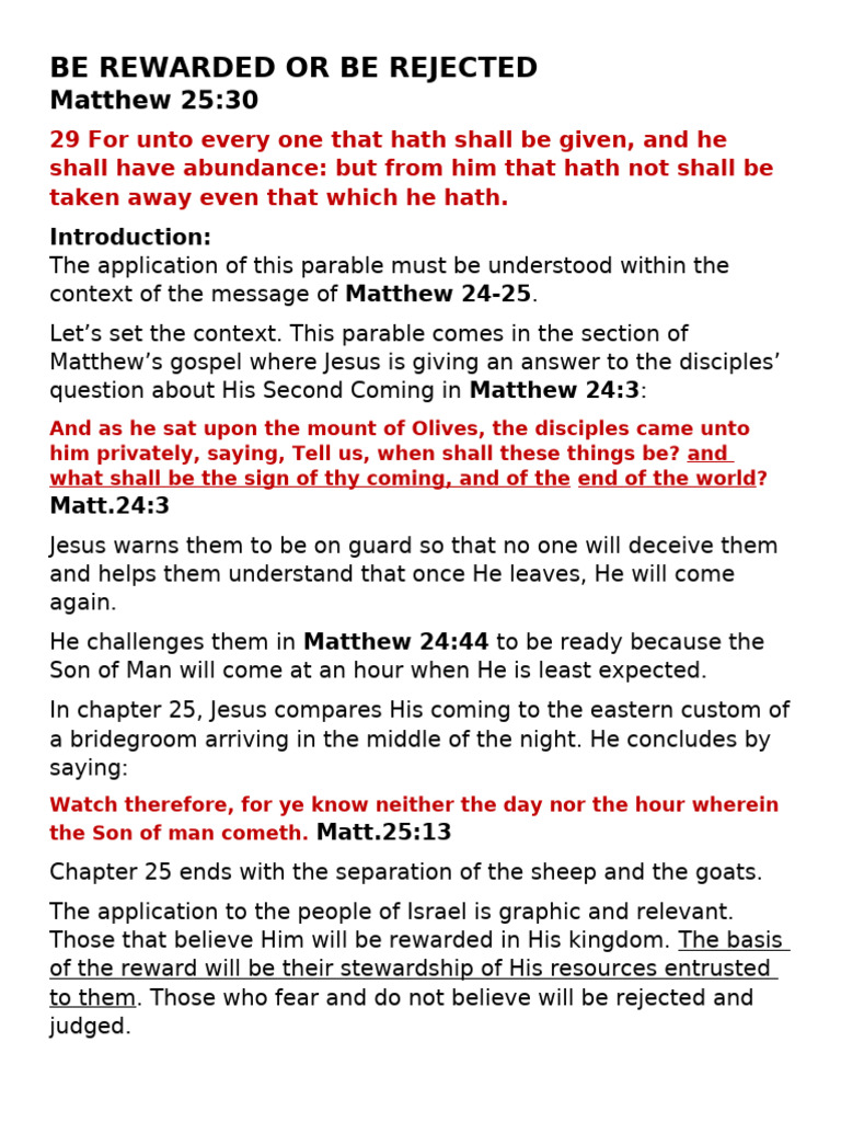 Be Rewarded or Be Rejected | PDF | Gospel Of Matthew | Jesus