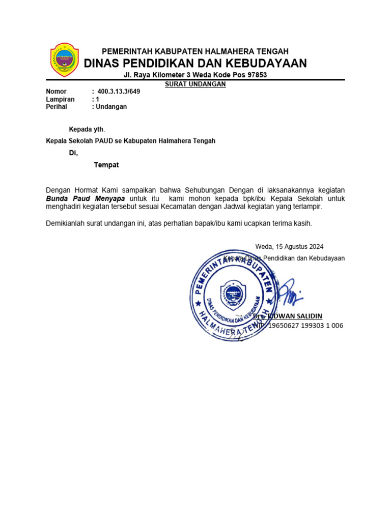 Surat Undangan Bunda Paud Menyapa - New. | PDF