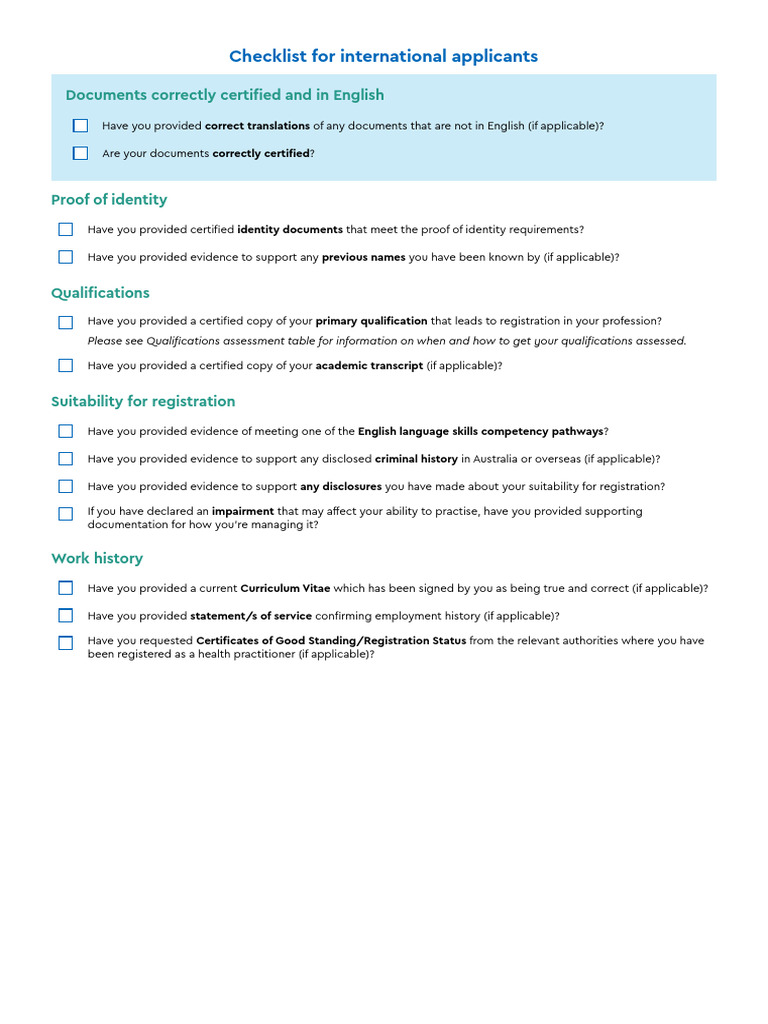 Ahpra Reference Guide International Applicants Checklist | PDF