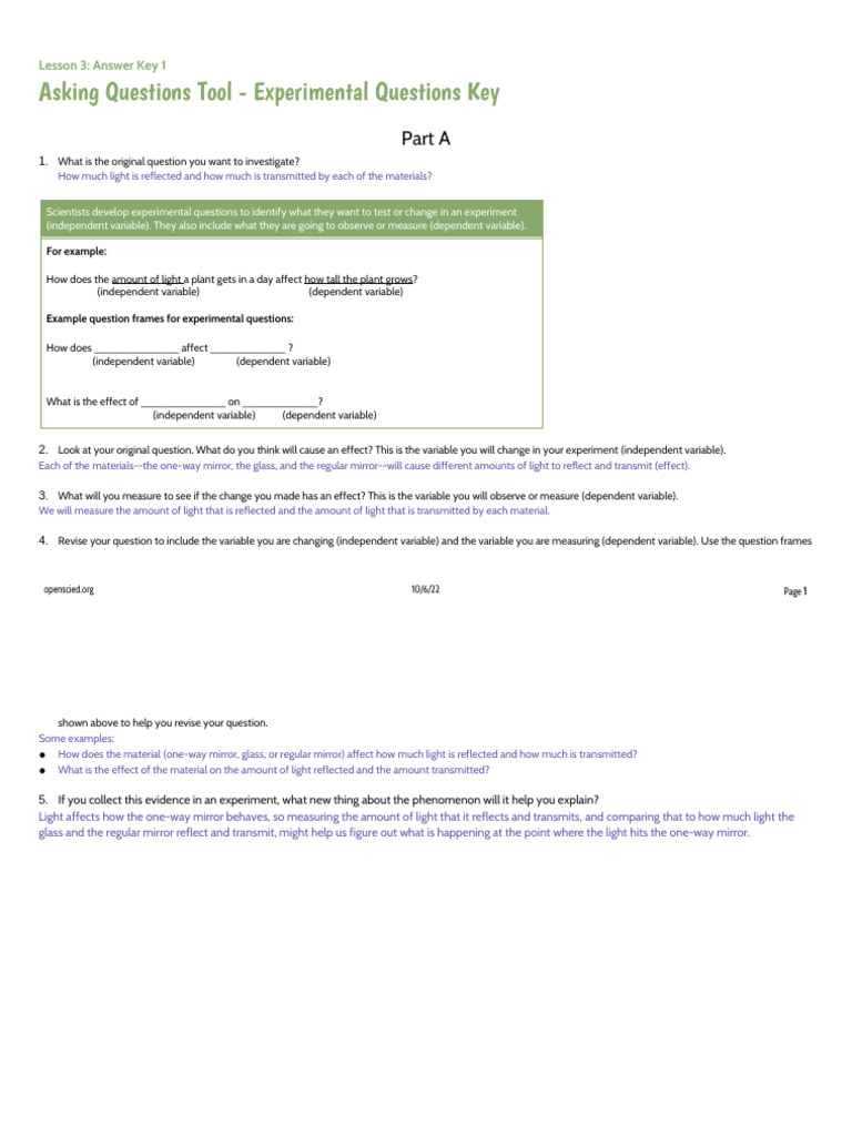 6.1 Lesson 3 Answer Key Asking Questions Tool | PDF | Experiment ...