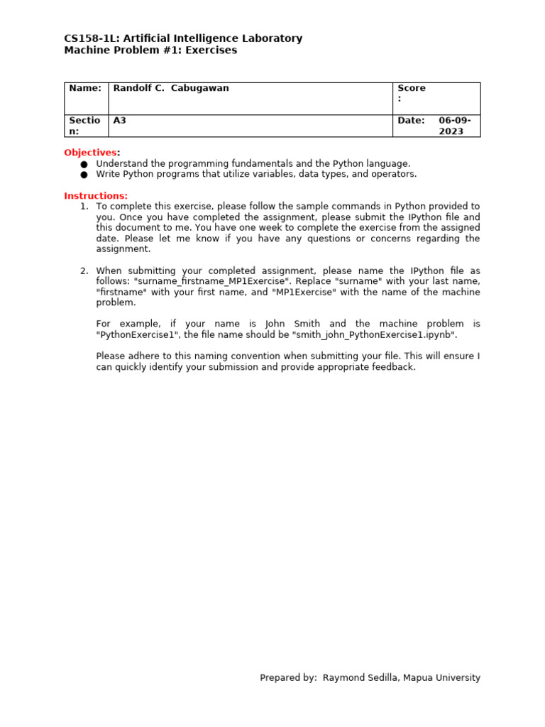 Machine Problem 1 - Exercises | PDF