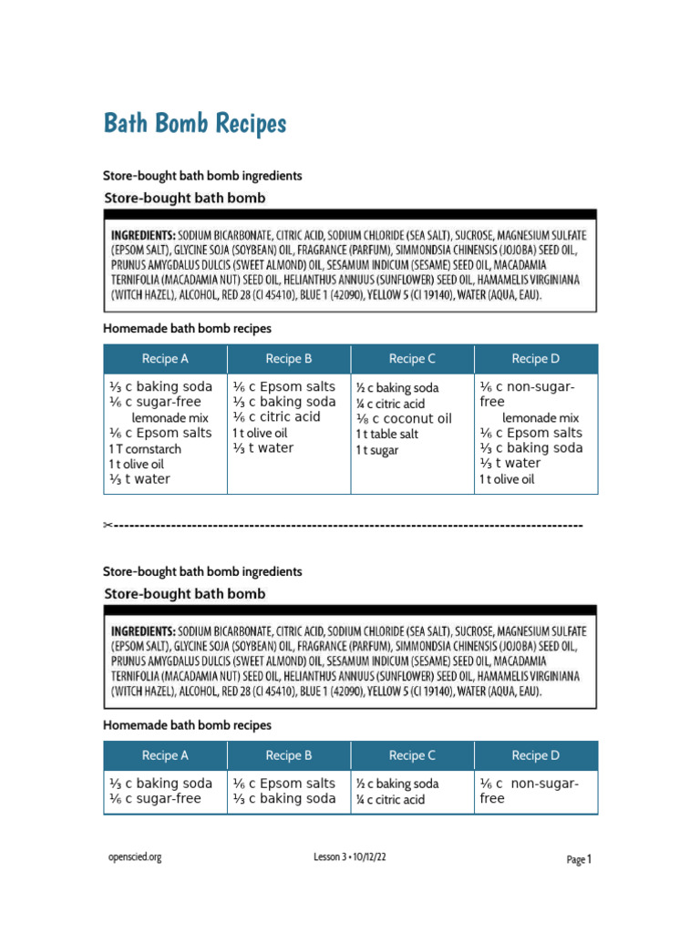 7.1 Lesson 3 Handout Bath Bomb Recipes | PDF | Cooking, Food & Wine