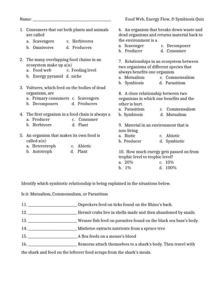 Foodwebenergysymbiosisquiz Reg | PDF