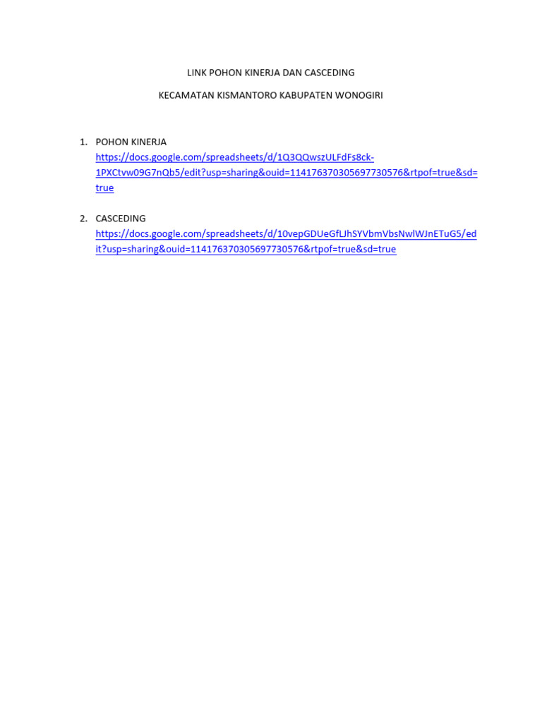 Link Pohon Kinerja Dan Casceding Kec Kismantoro | PDF