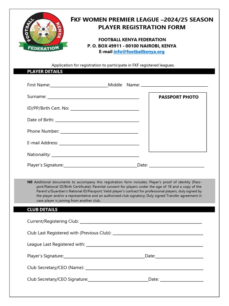FKF WPL 2024-25 Player Registration Form - 1 | PDF
