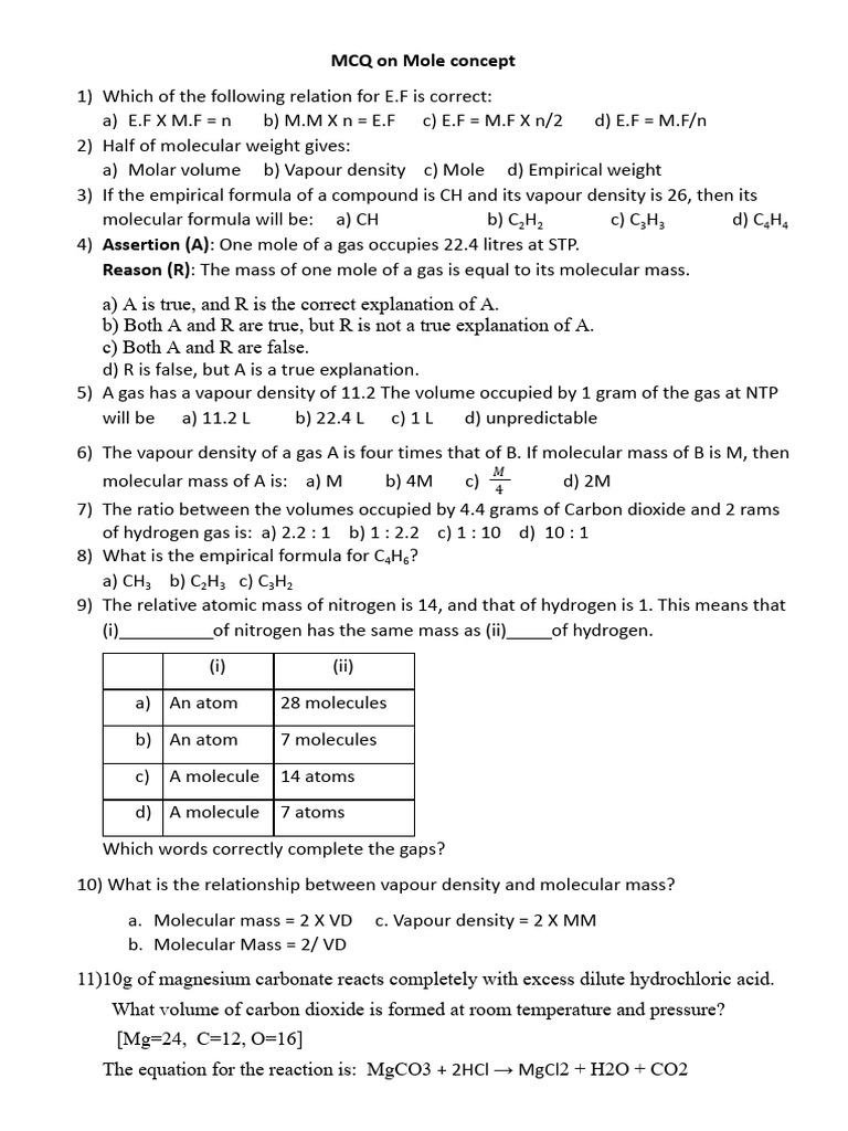 MCQ On Mole Concept | PDF