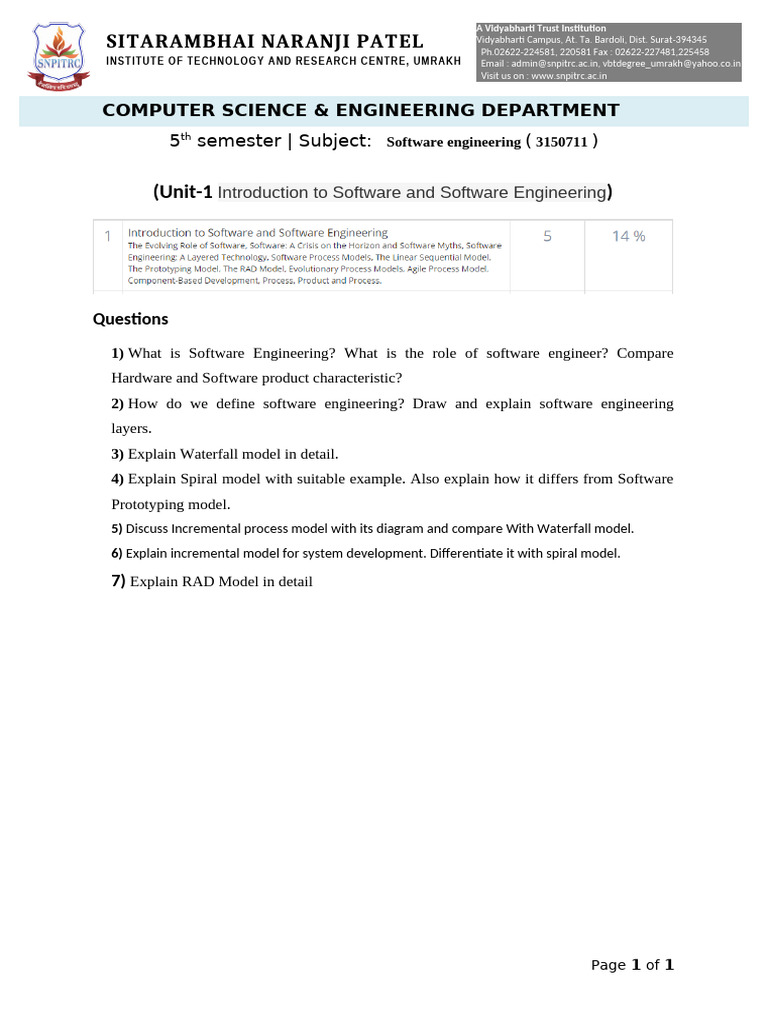 SE - Question Bank (Unit 1) | PDF