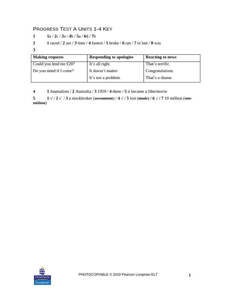 Progress Test AB Units 1-4 Answer Key | PDF