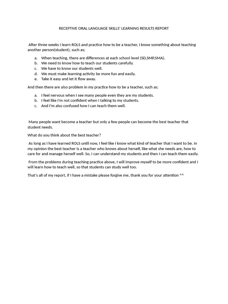 Receptive Oral Language Skills' Learning Report | PDF