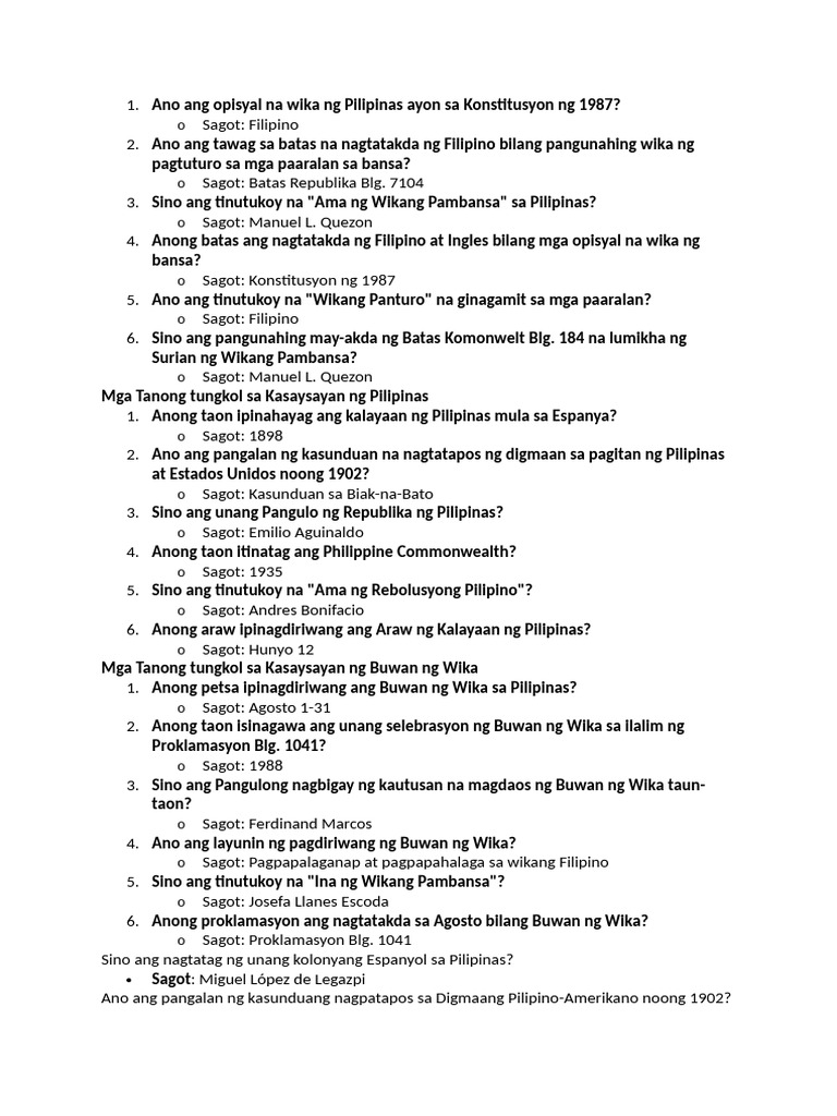 Quiz Bee 1 | PDF | Tagalog Language | Philippines