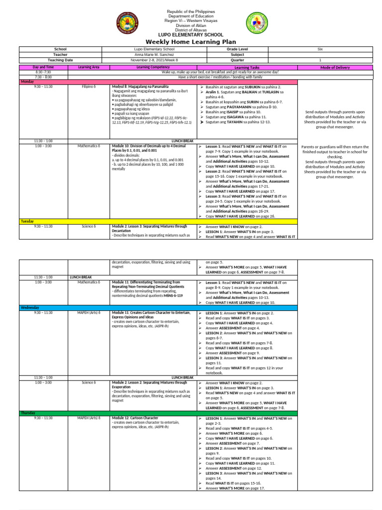 Q1W8 Weekly Home Learning Plan | PDF
