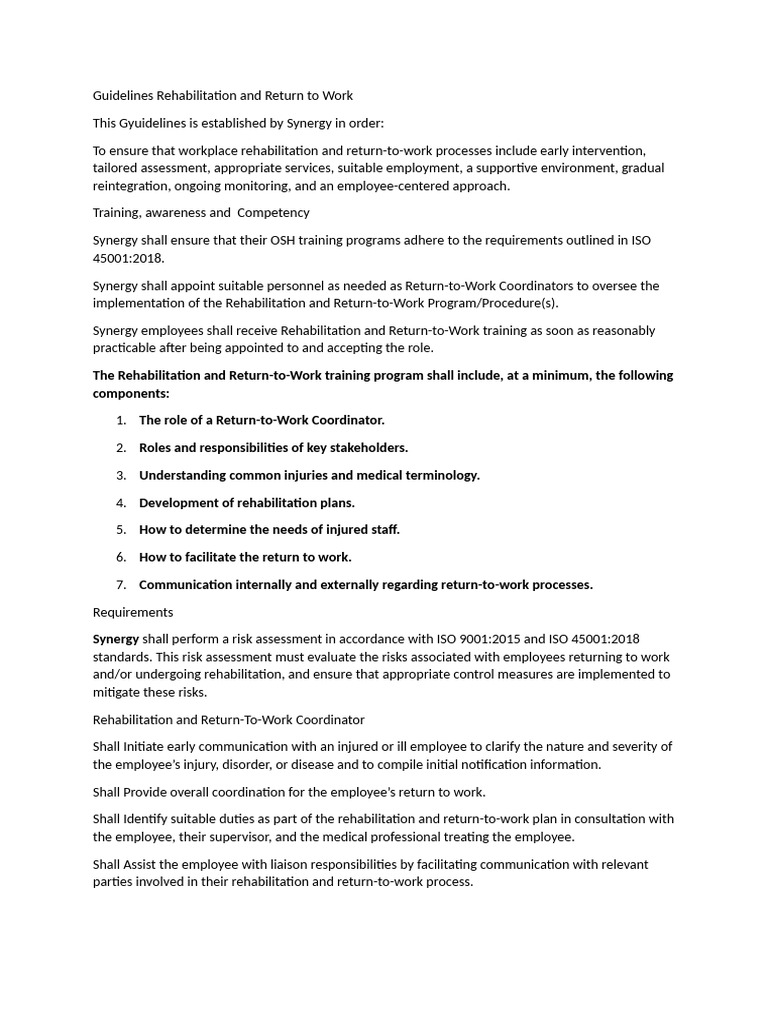 Guidelines Rehabilitation and Return To Work | PDF